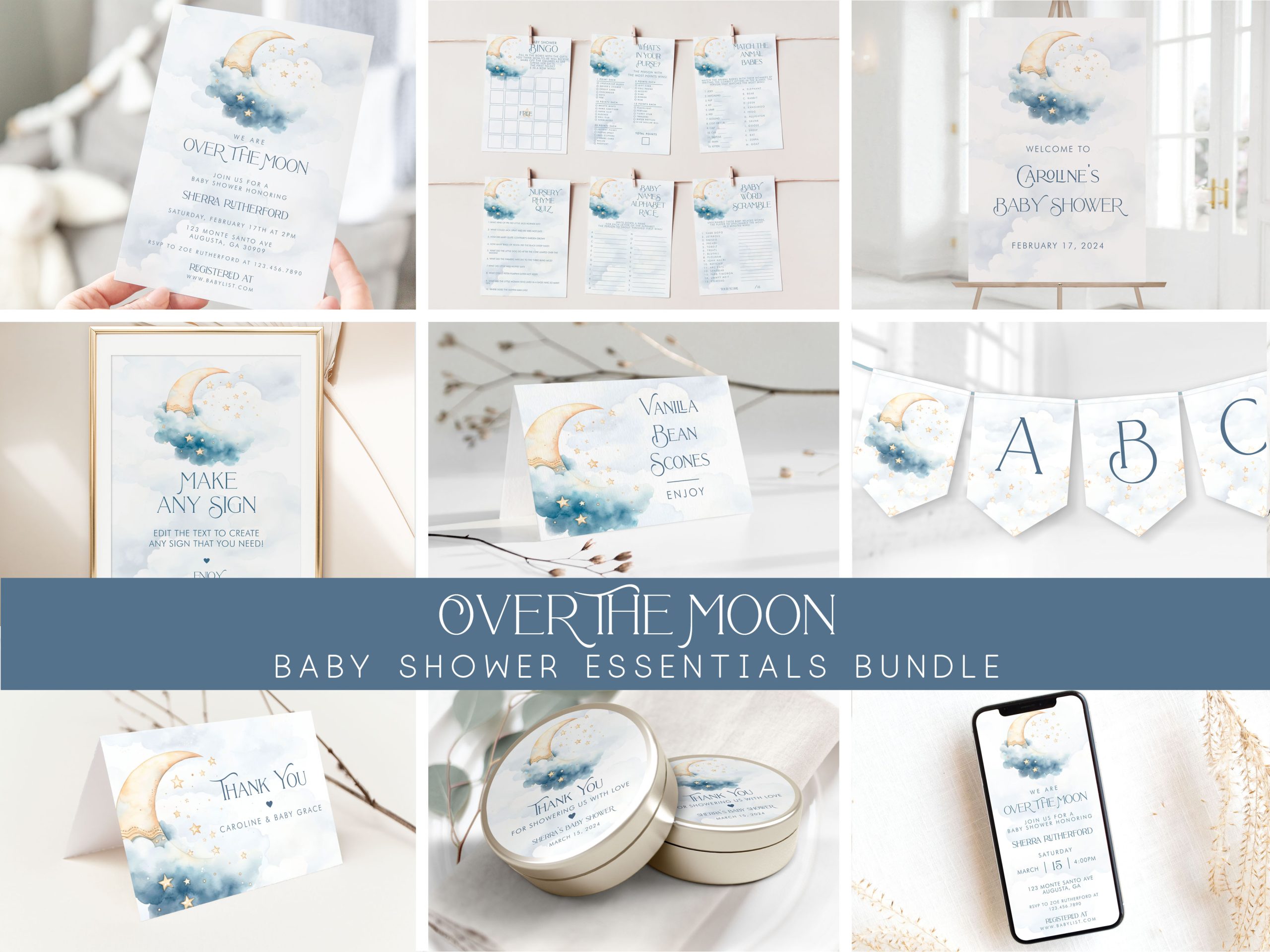 Printable Over the Moon Baby Shower Essentials Bundle- Blue - Anna ...
