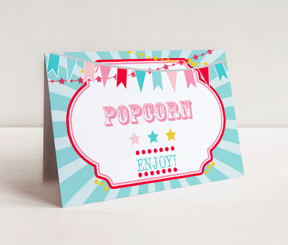 Printable Red & Pink Circus Food/Buffet Cards- Blue Burst - Anna & Ivey ...